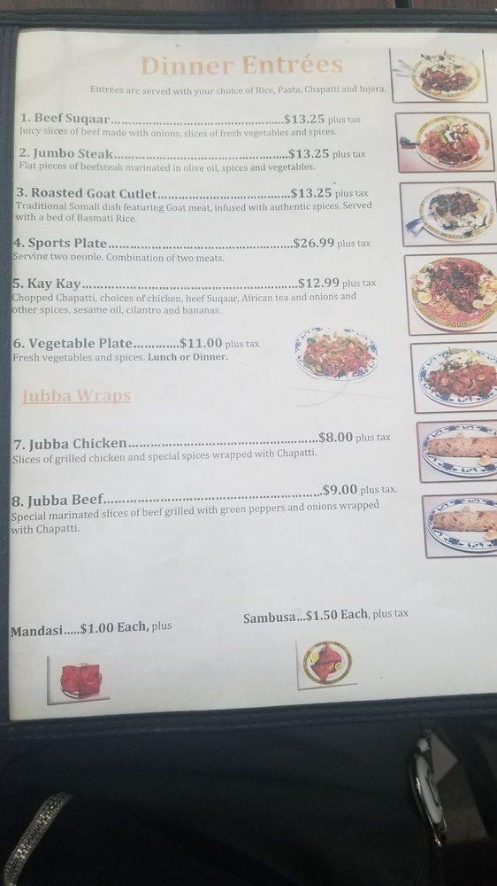 Menu at Jubba Somali Restaurant, San Jose