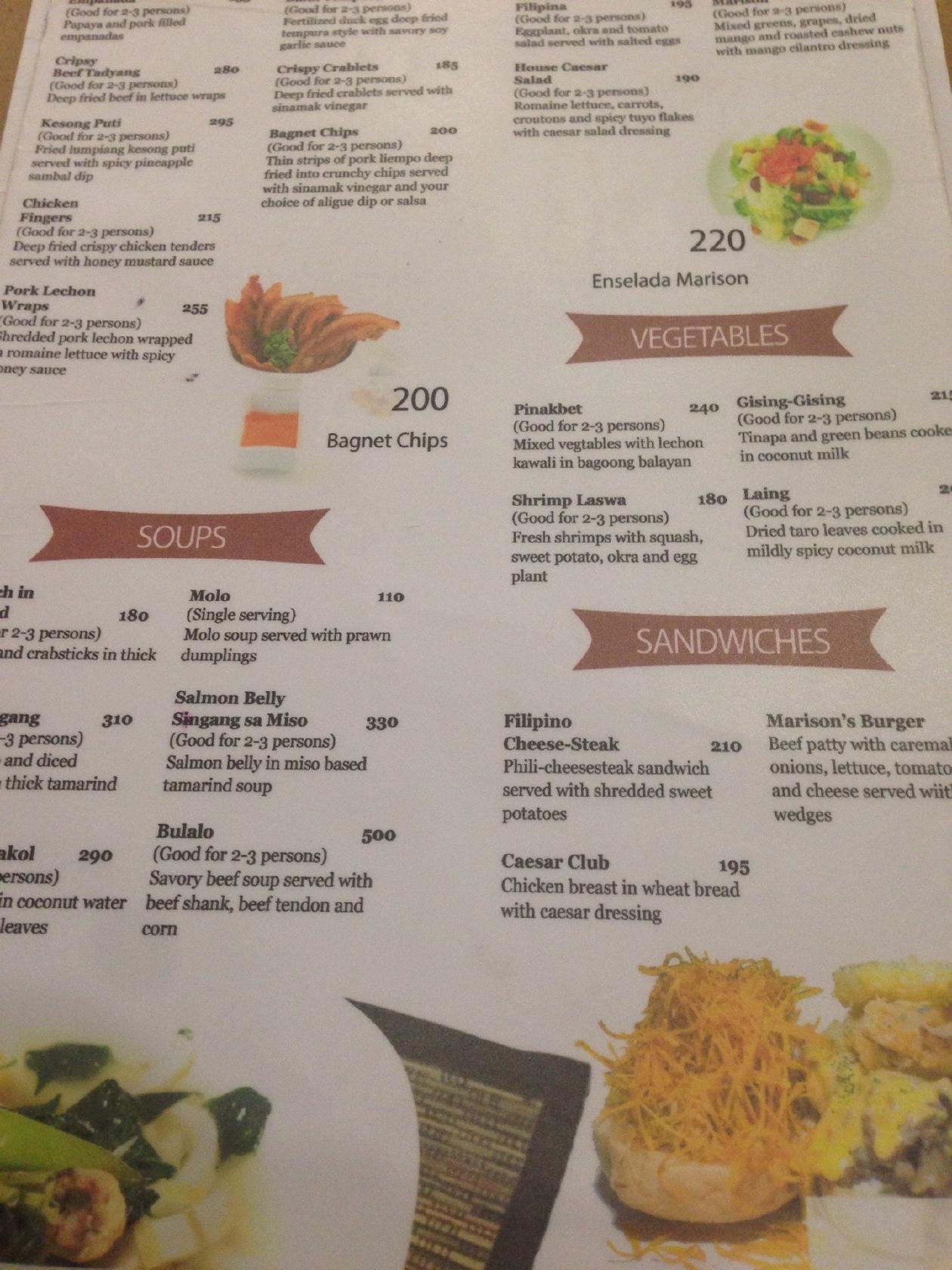 Menu at Marison’s restaurant, Antipolo, 1870 L. Sumulong Memorial Circle