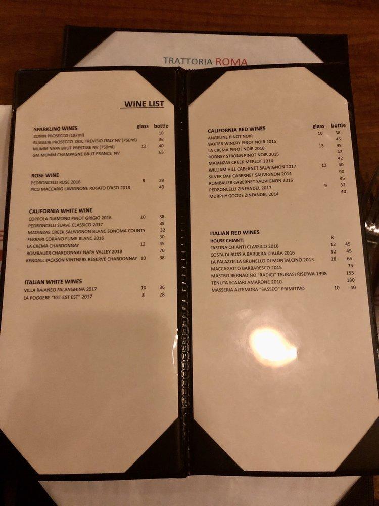 Menu at Trattoria Roma pub & bar, Petaluma
