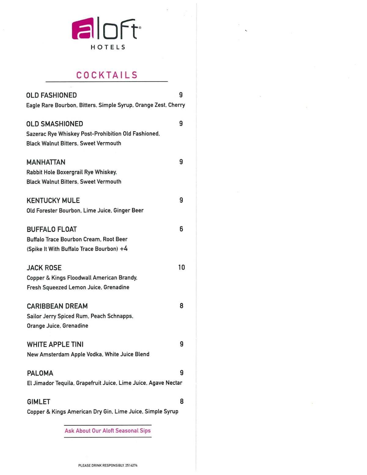 Menu at W XYZ Bar and Lounge, Louisville, Westport Rd