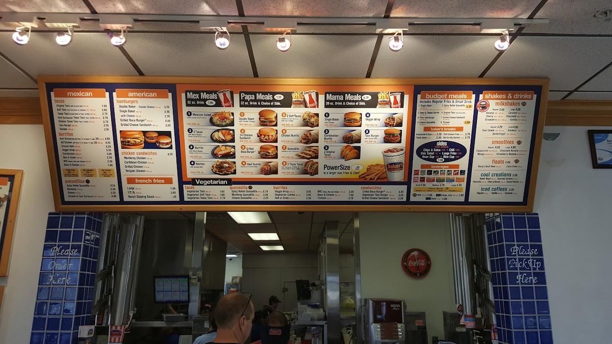 Menu at Baker's Drive-Thru fast food, Riverside, Indiana Ave
