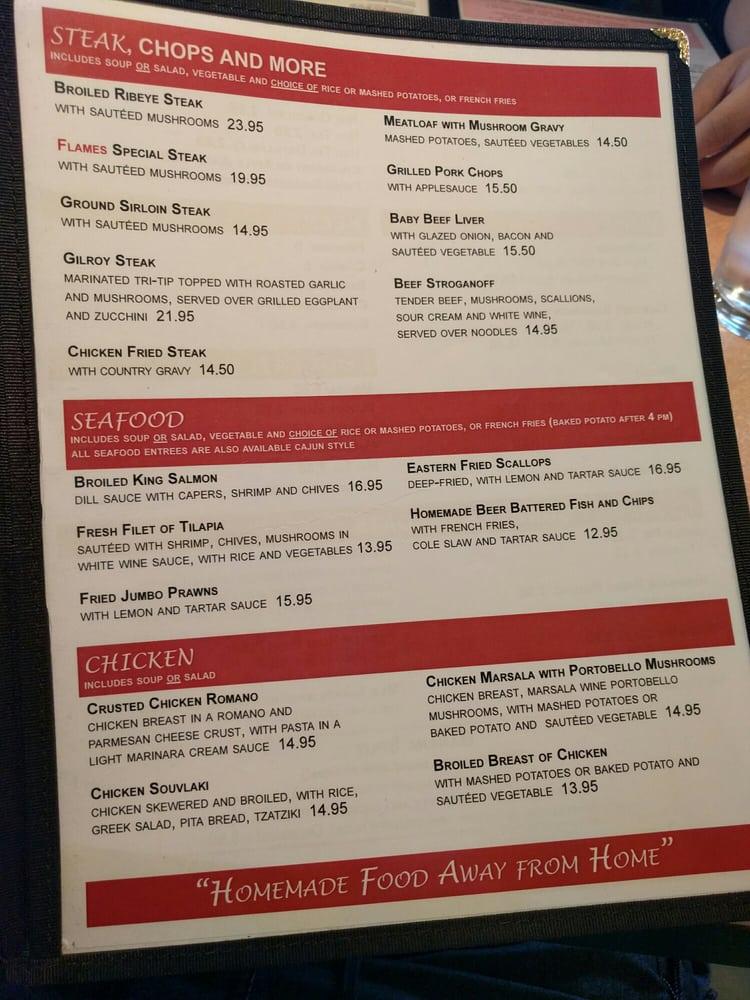 Menu at Flames Coffee Shop restaurant, San Jose, Santa Teresa Blvd