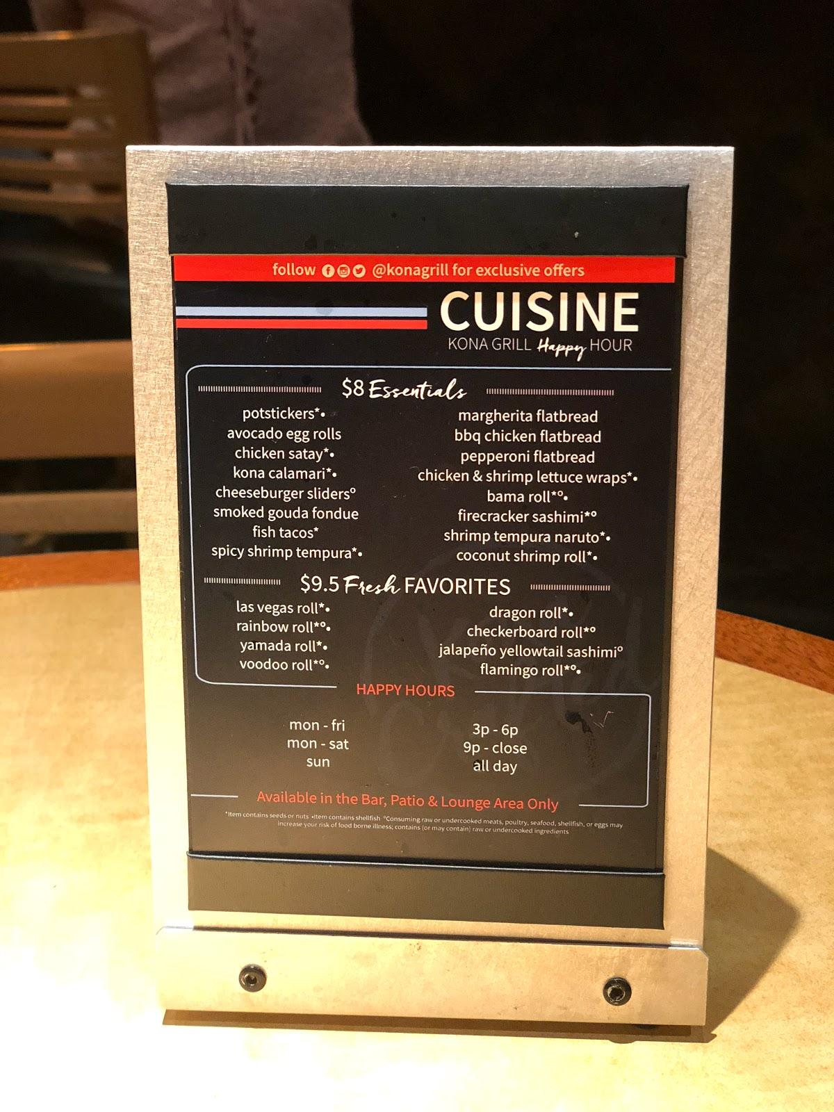 Menu at Kona Grill restaurant, Dallas