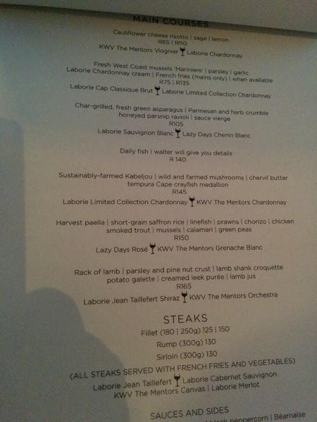 Menu au Laborie Estate restaurant, Paarl