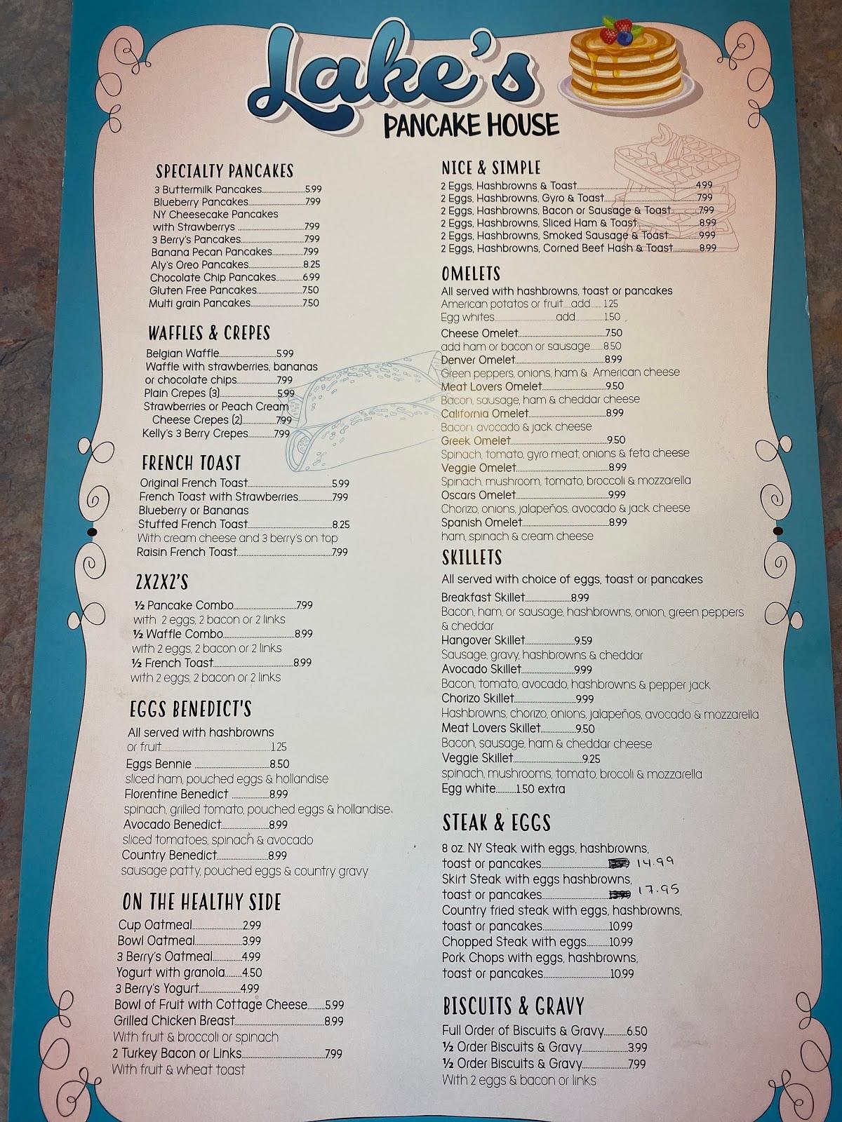 Menu at Lake's Pancake House restaurant, Antioch
