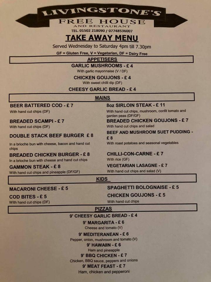 Menu at Livingstone’s restaurant, Kessingland