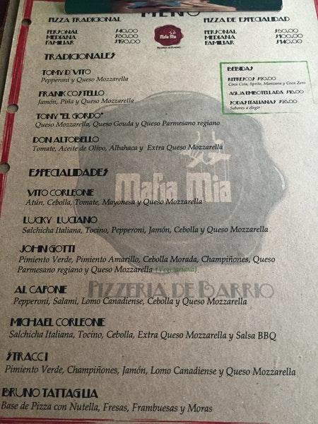 Menu at Mafia mia pizzeria, Mexico City