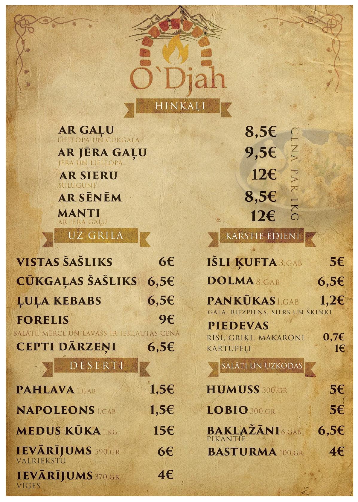 Menu at O'Djah, Kaukāza restorāns restaurant, Riga
