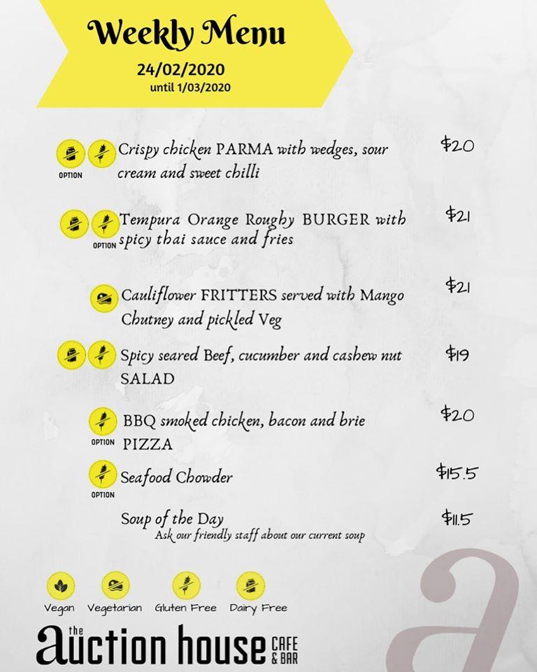 Menu at The Auction House cafe, Invercargill
