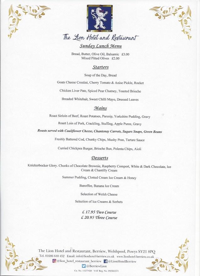 Menu at The Lion Hotel pub & bar, Welshpool