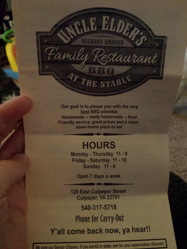 Menu at Uncle Elders Family Restaurant BBQ, Culpeper