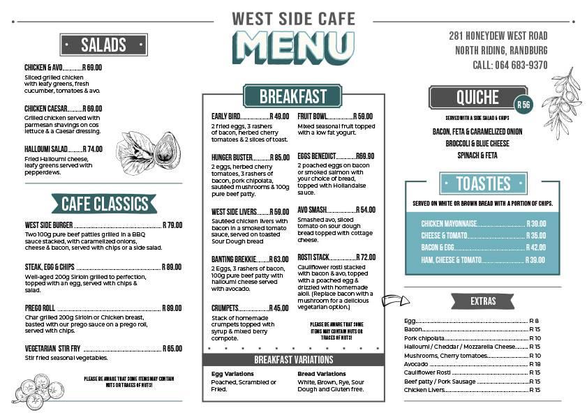 Menu at West Side Cafe, Roodepoort, Honeydew Road