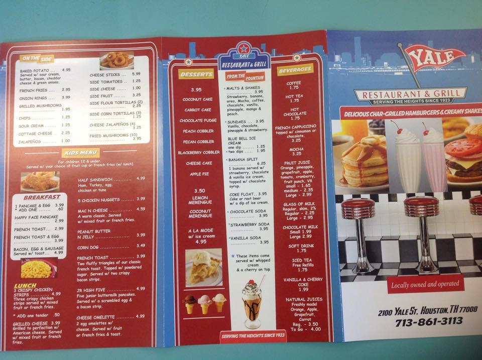 Menu at Yale Street Grill restaurant, Houston
