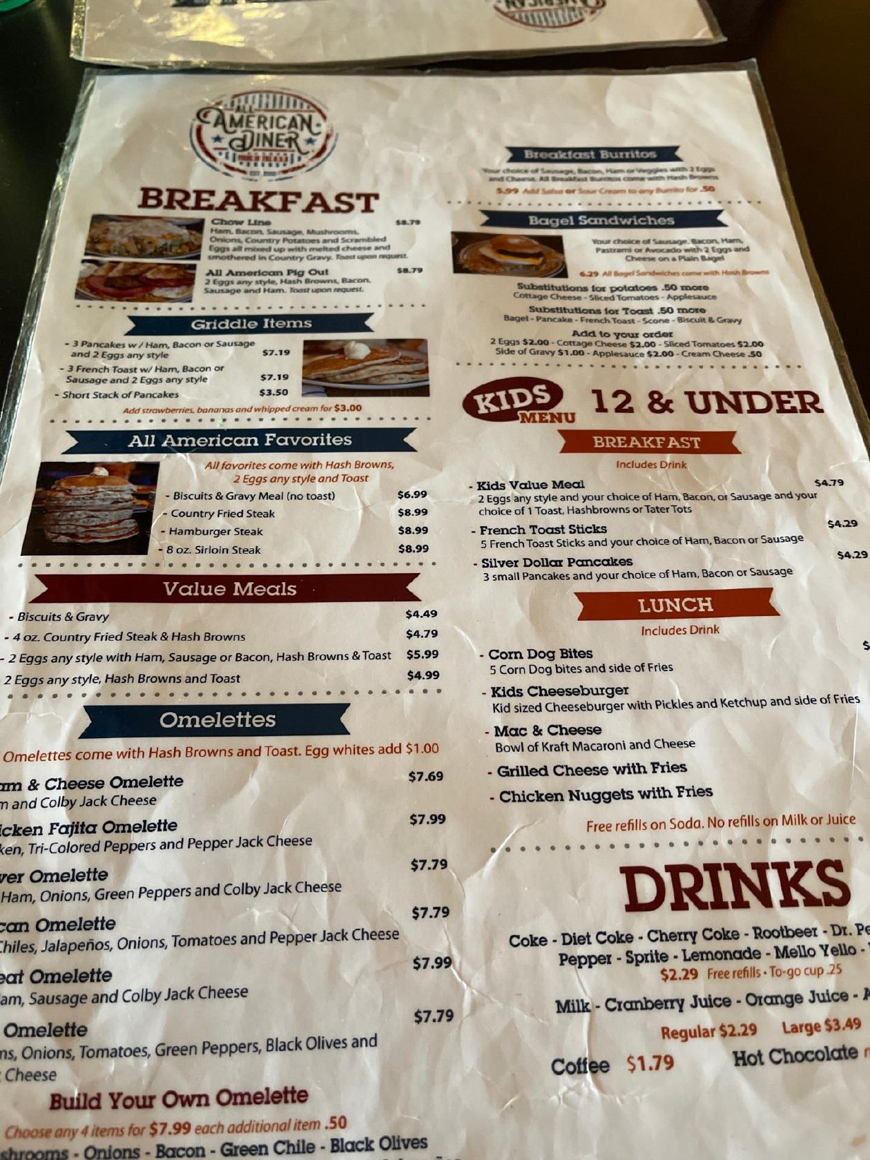 Menu at All American Diner restaurant, Cedar City
