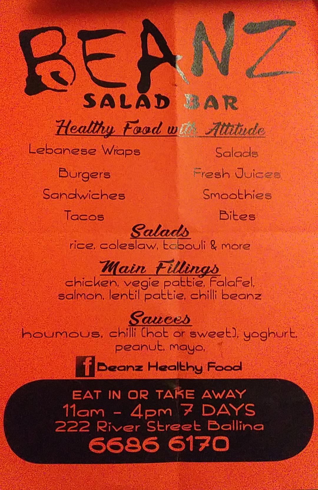 Menu at Beanz fast food, Ballina