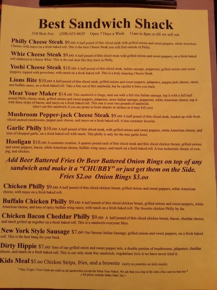 Menu at Best Sandwich Shack restaurant, Coeur d'Alene, 518 E Best Ave