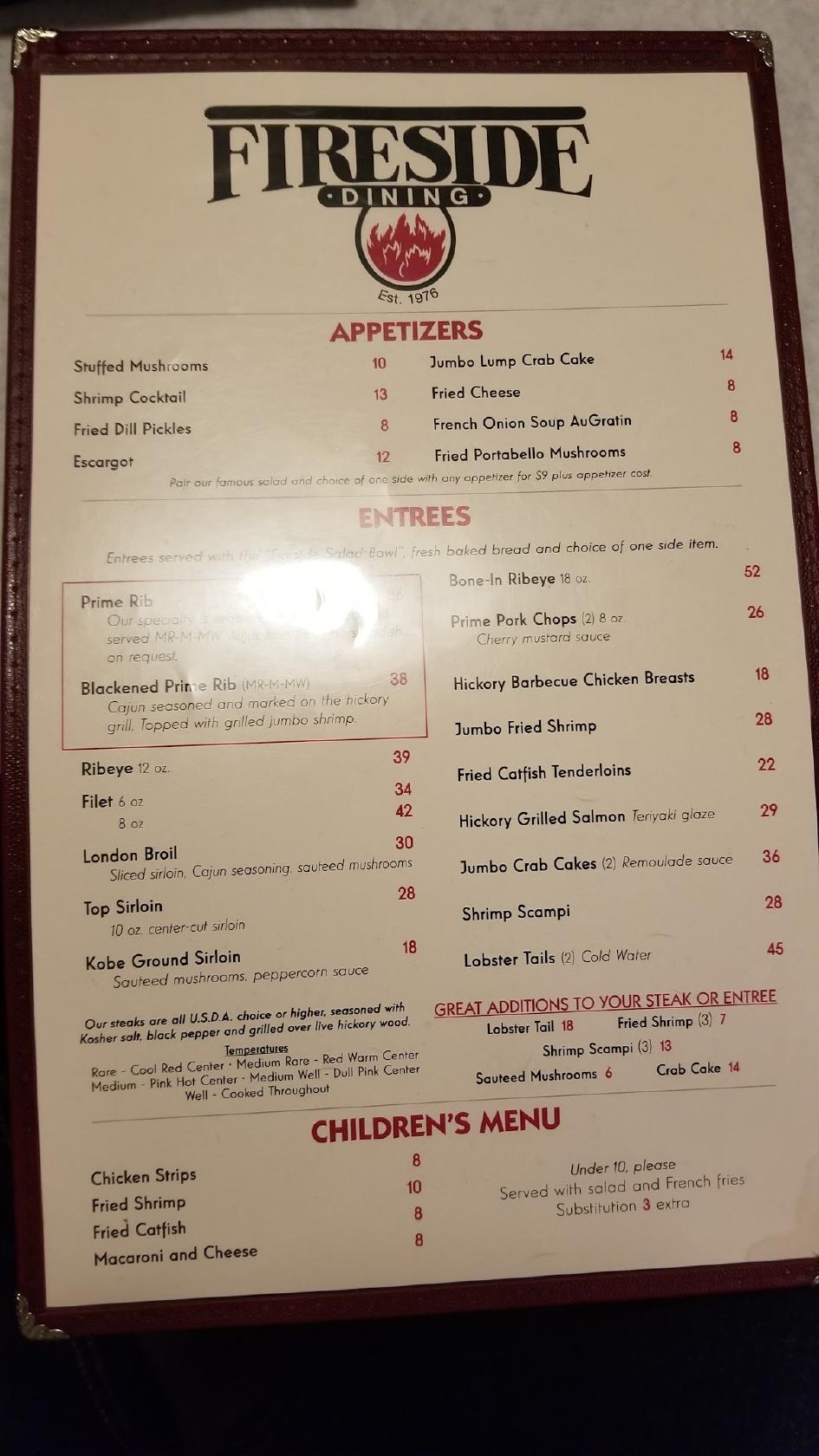 Carta de parrilla Fireside Dining, Ardmore, Lodge Rd