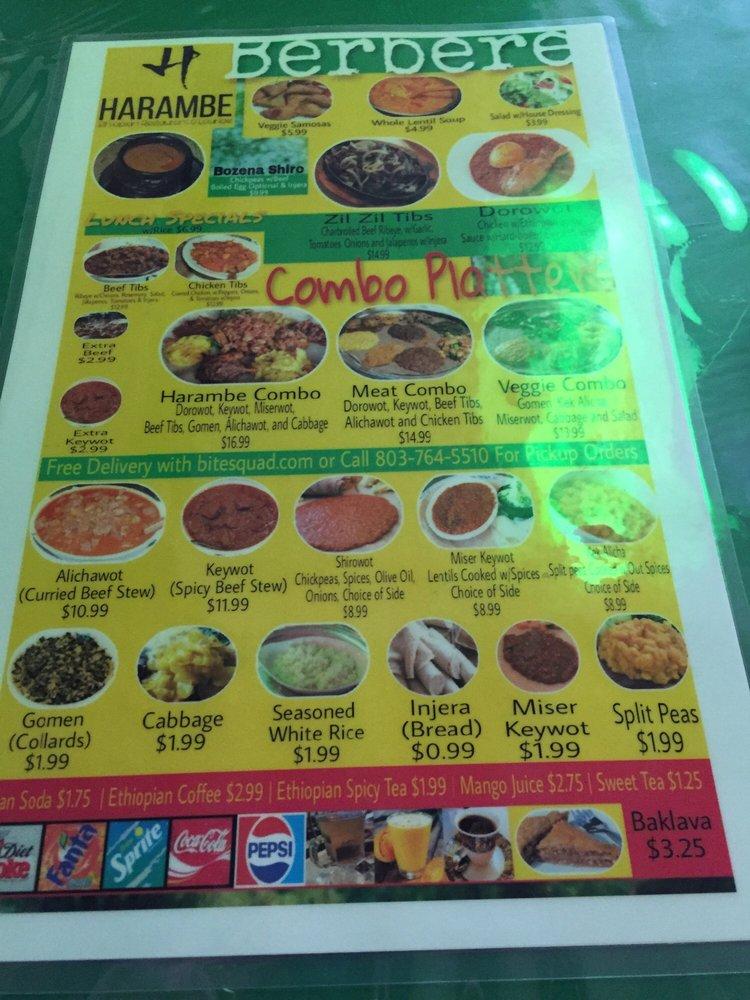 Menu at Harambe Ethiopian Restaurant, Columbia