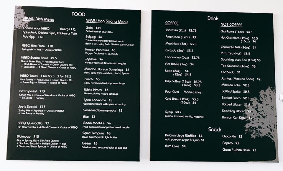 Carta de Namu Korean Eats, Beer Hall & Coffee Bar, Durham