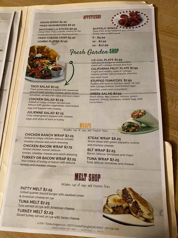 Menu at Spring Garden Restaurant, Camanche