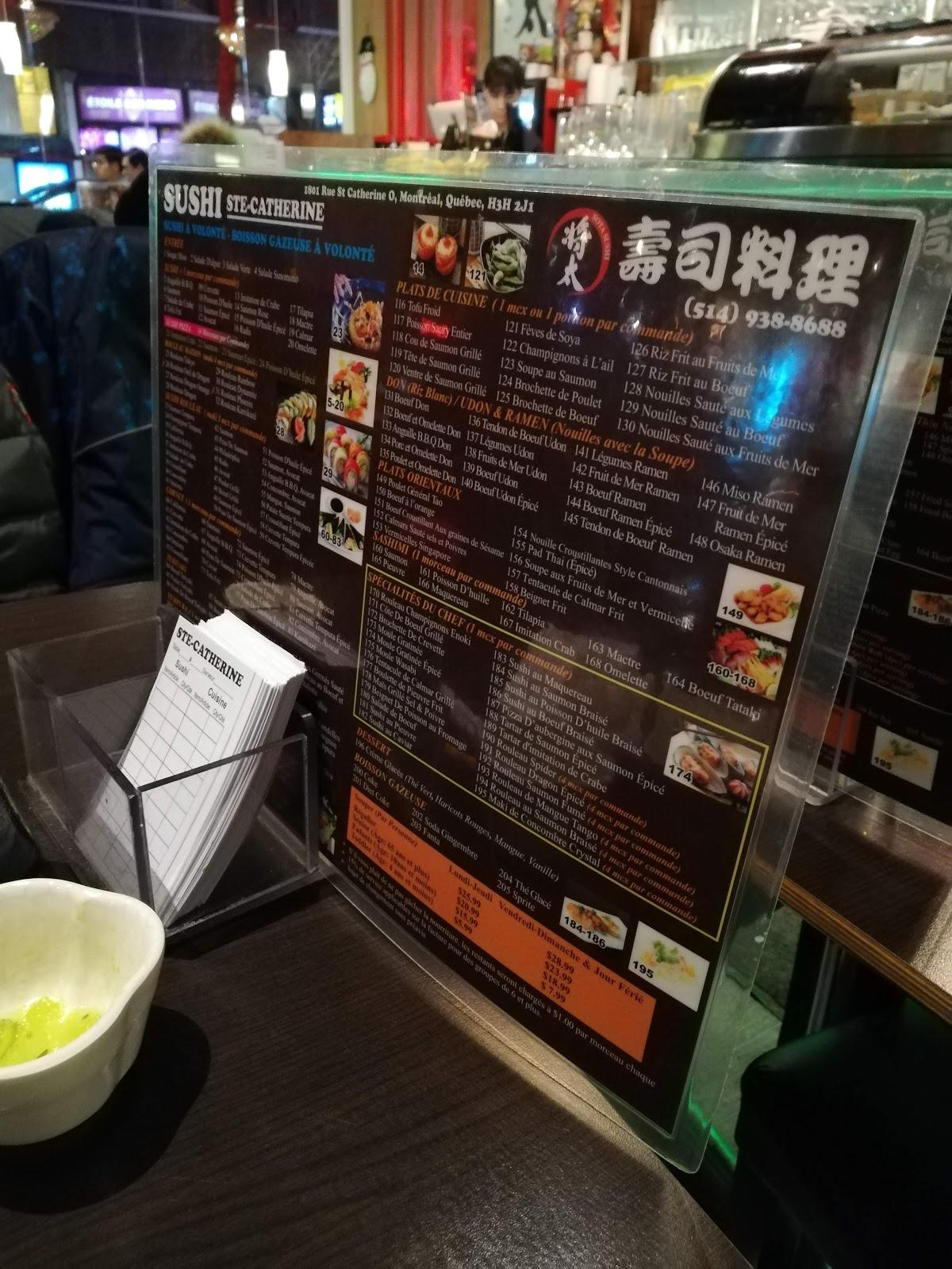 Menu at Sushi Ste-Catherine restaurant, Montréal
