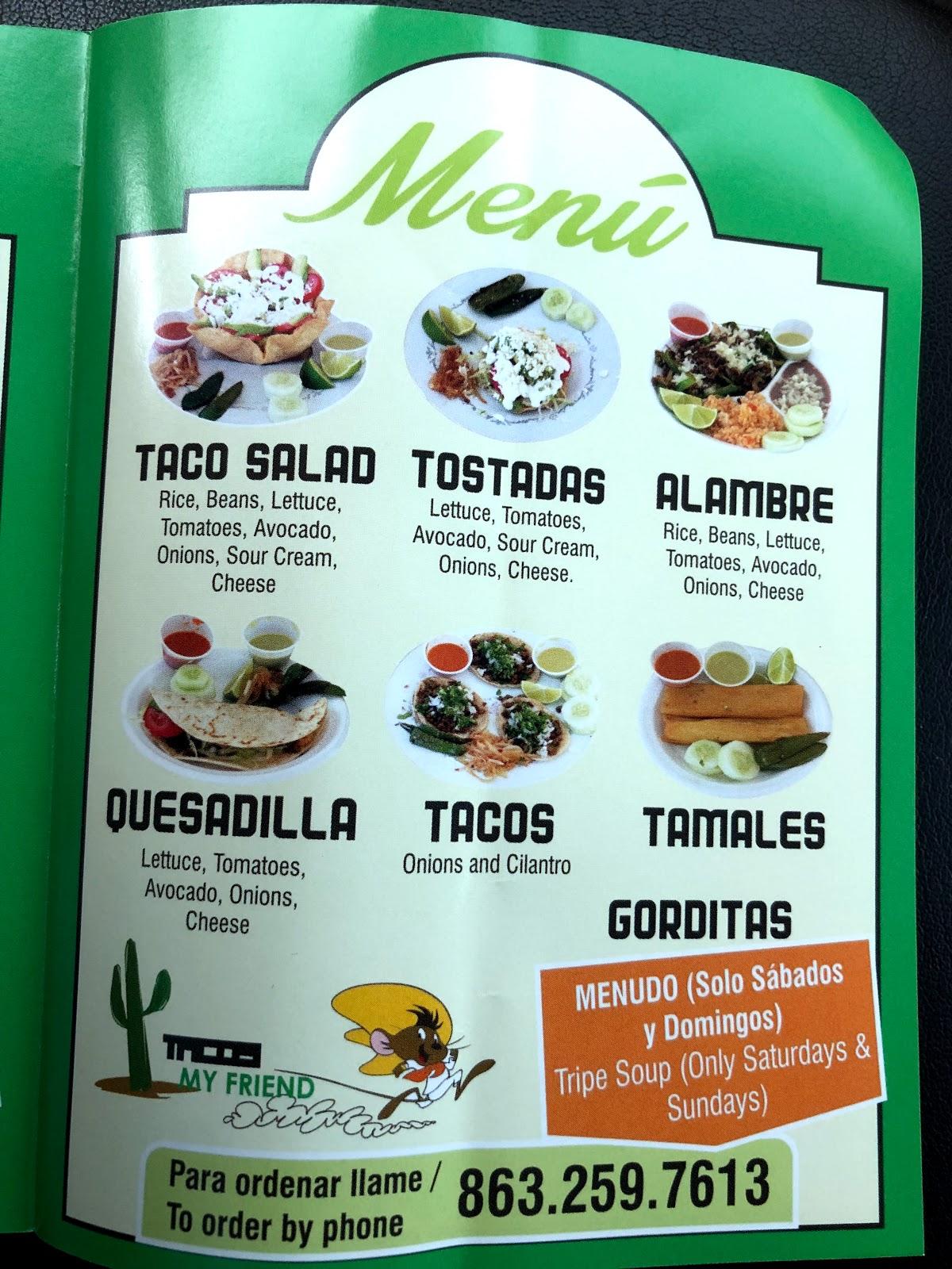 Menu at Tacos My Friend restaurant, Winter Haven, 3899 Recker Hwy
