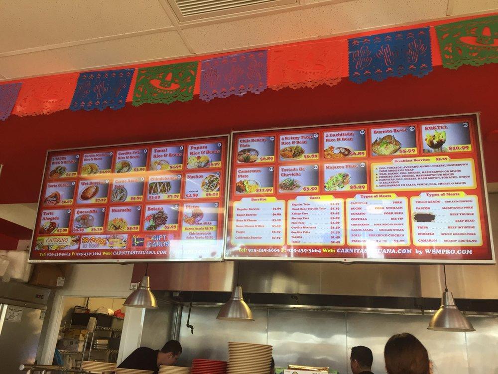 Menu at Taqueria Carnitas Tijuana restaurant, Concord