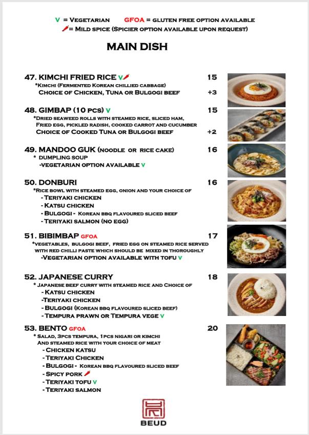 Menu at Beud restaurant, Maitland