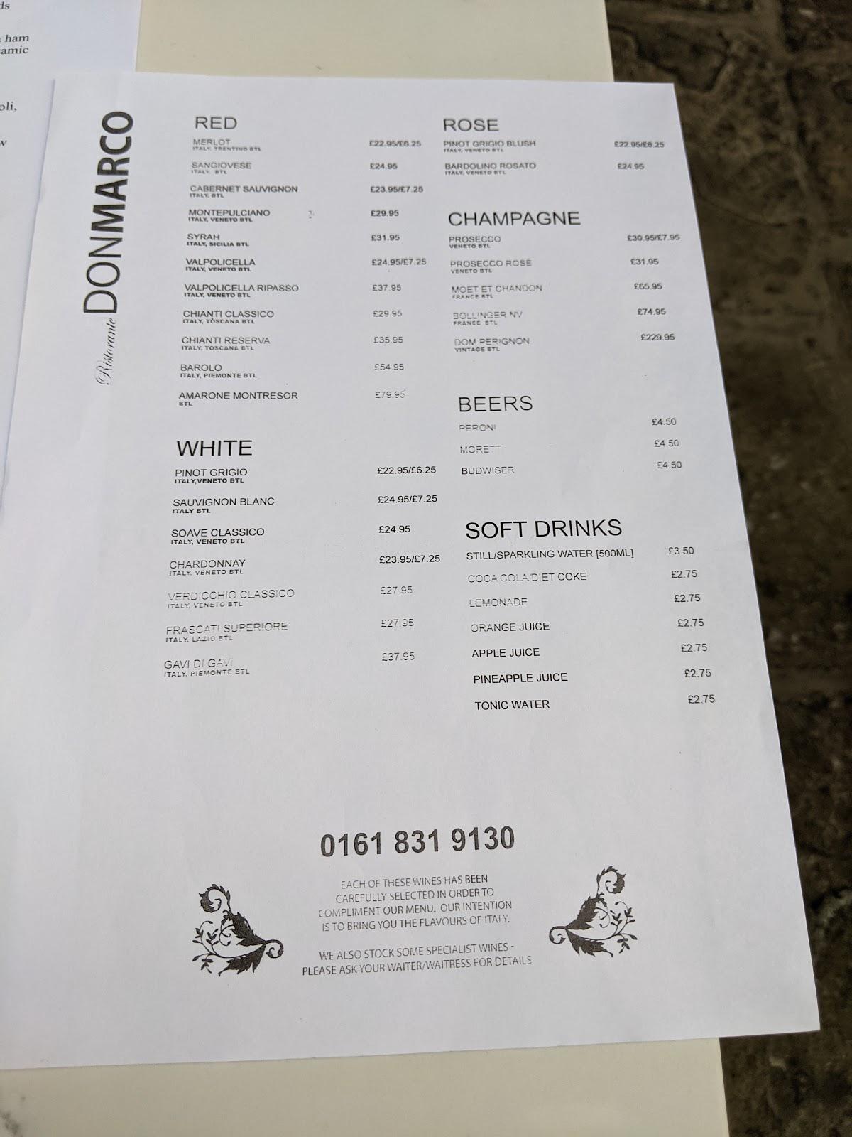 Menu at Don Marco pizzeria, Manchester, 1-3