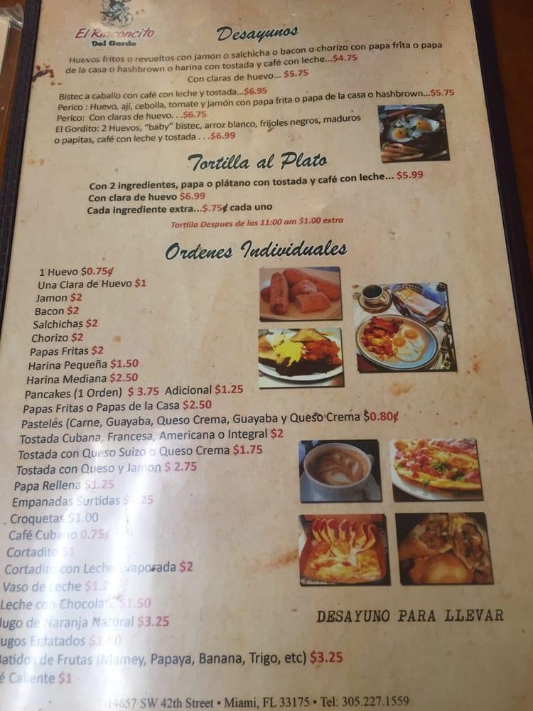 Menu at El Rinconcito Del Gordo restaurant, Kendale Lakes