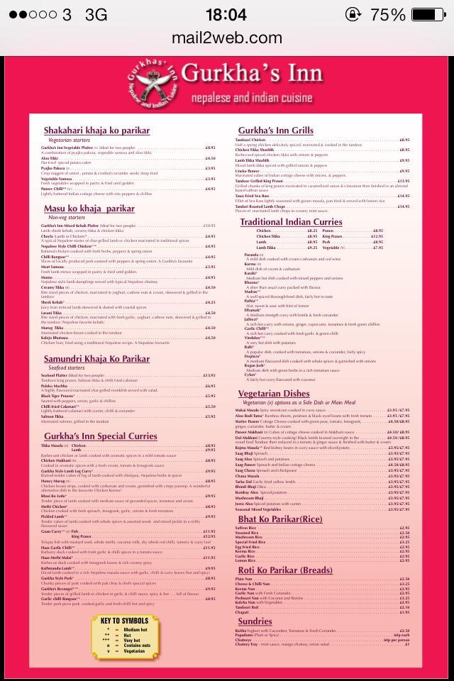 Menu at Gurkha's Inn restaurant, Winchester