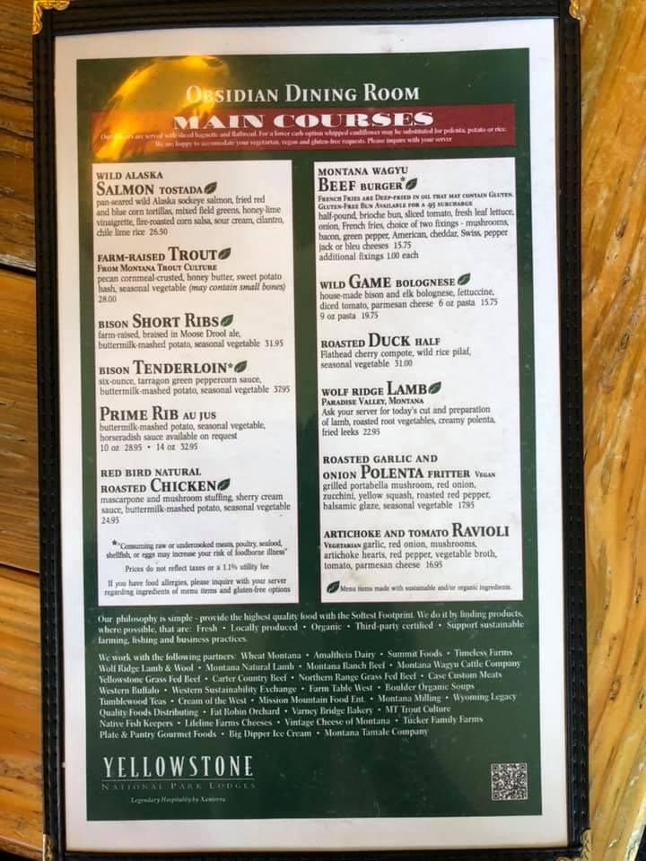 Menu at Old Faithful Snow Lodge Obsidian Dining Room restaurant, USA, 2 ...