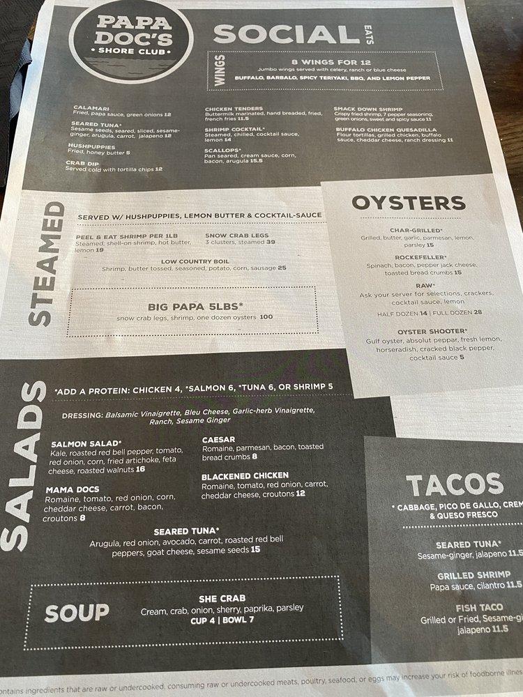 Menu at Papa Doc's Shore Club, Lake Wylie
