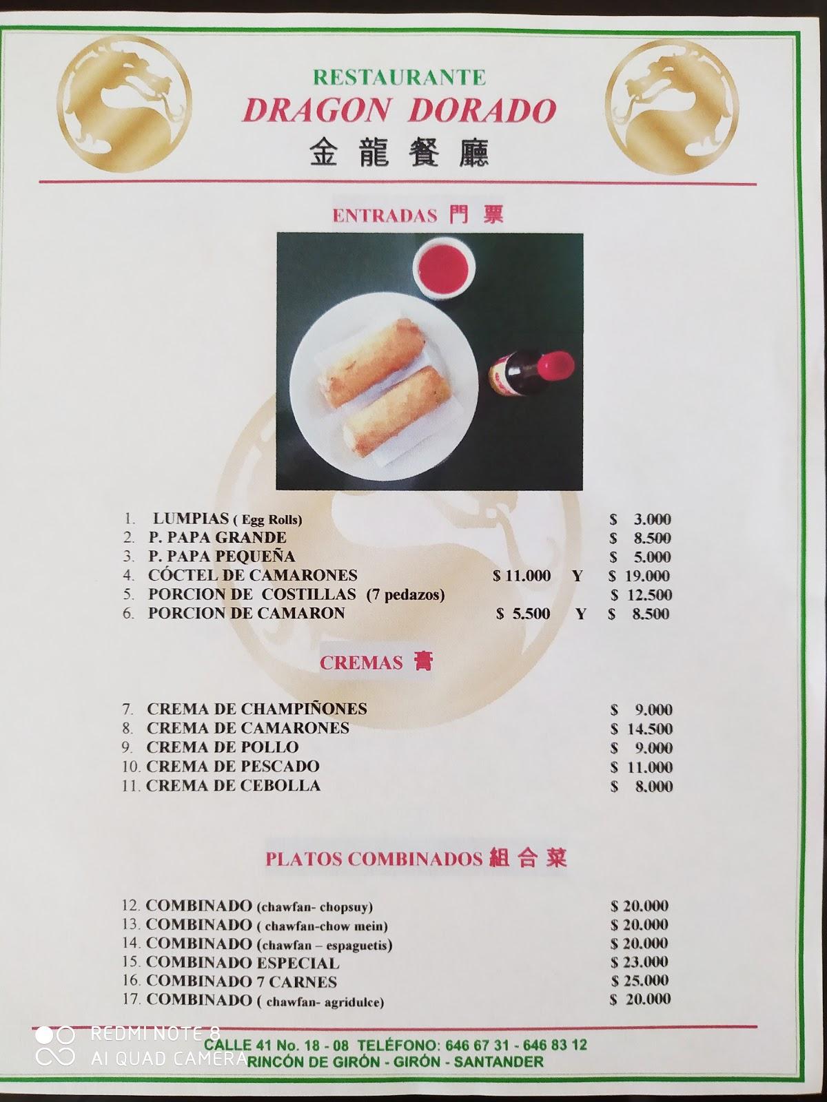 Menu at Restaurante Dragón Dorado, Girón