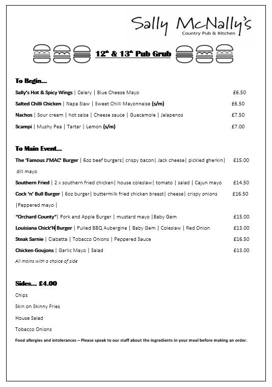 Menu at Sally McNallys restaurant, Craigavon