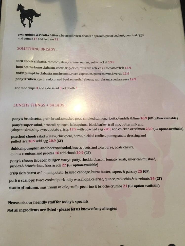 Menu at Snow Pony cafe, Deepdene