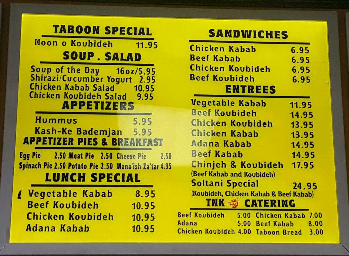 Menu at Taboon Noon o Kabab restaurant, Hoover