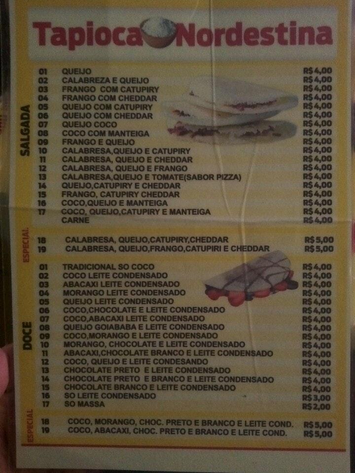 Menu at Tapioca Nordestina restaurant, Foz do Iguaçu, Av. Mario Filho