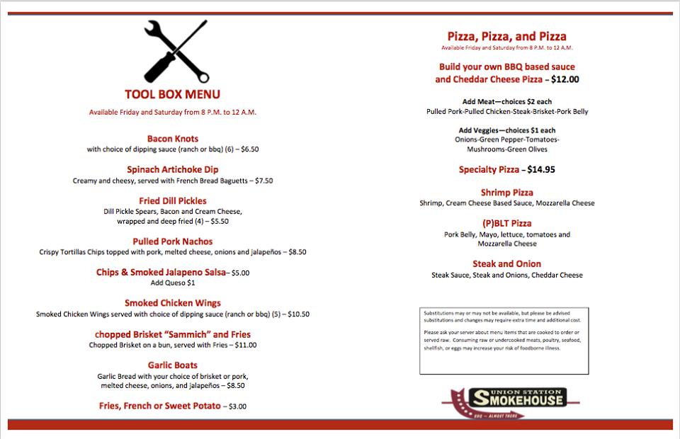 Menu at Union Station Smokehouse restaurant, Durand