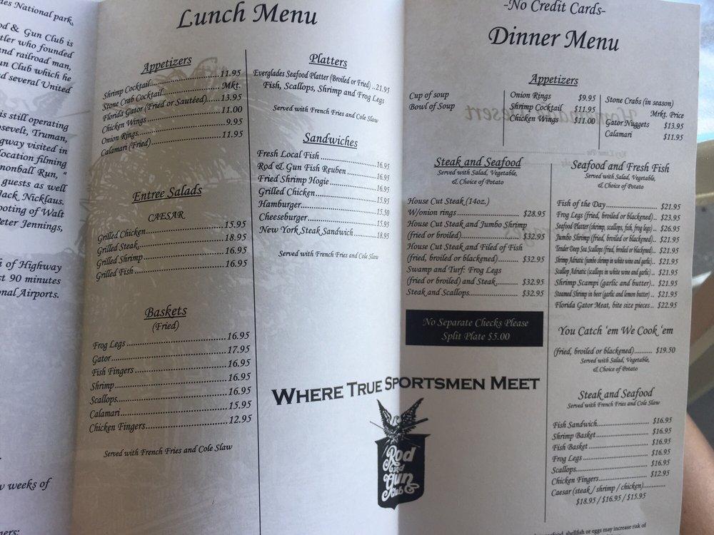Menu at Everglades Rod & Gun Club, Everglades City