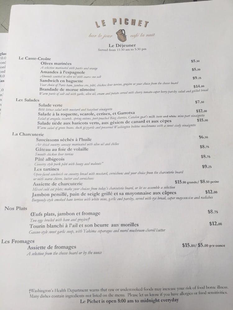 Menu at Le Pichet pub & bar, Seattle, 1st Ave