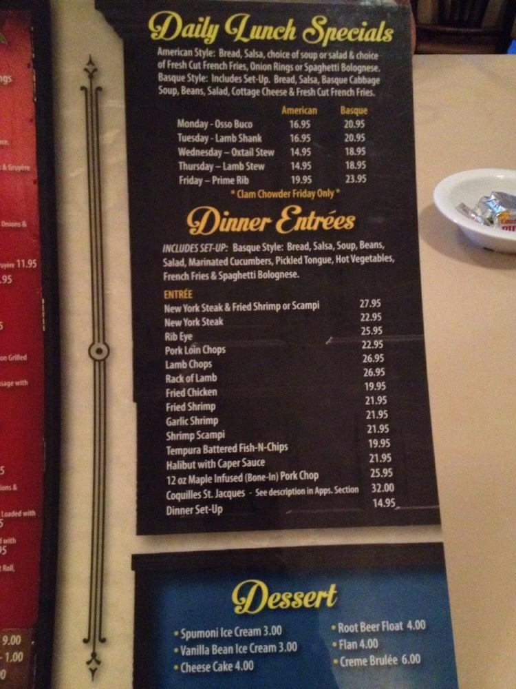 Menu at Pyrenees Cafe, Bakersfield