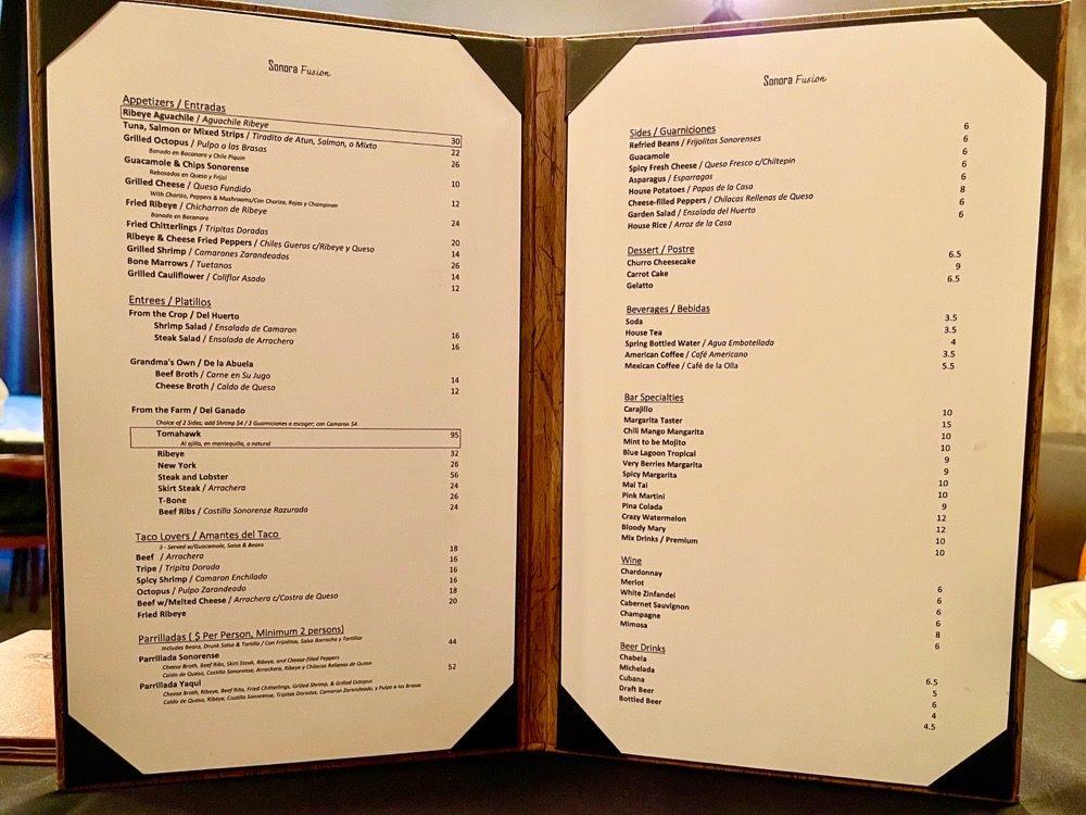 Menu at Sonora Fusion steakhouse, El Centro