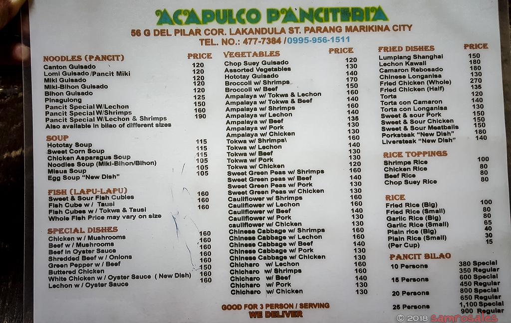 Menu at Acapulco Panciteria restaurant, Marikina, M467+76G