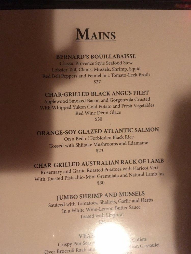 Menu at Bernard's Grove restaurant, Rochester
