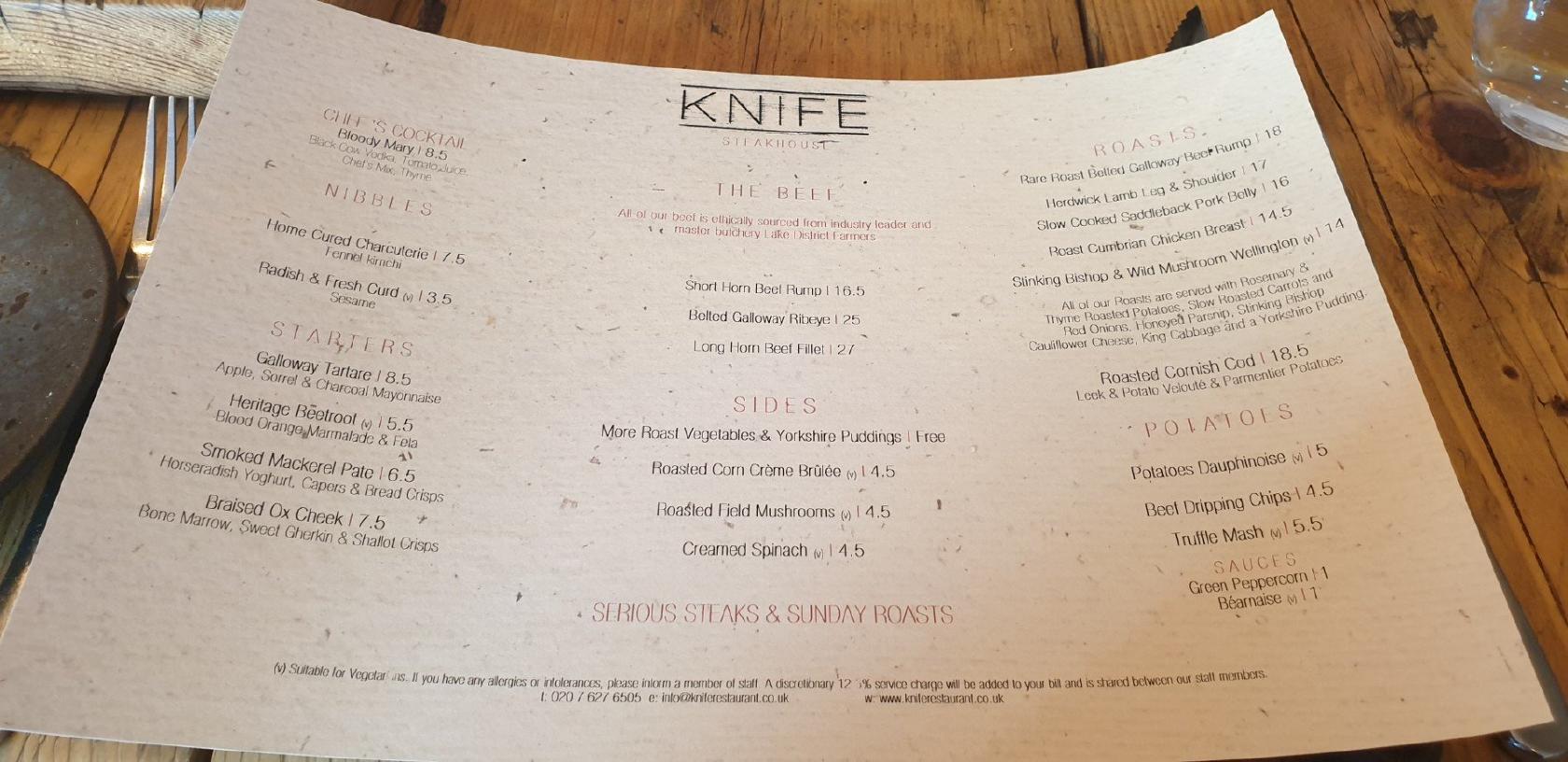 Menu at Knife steakhouse, London