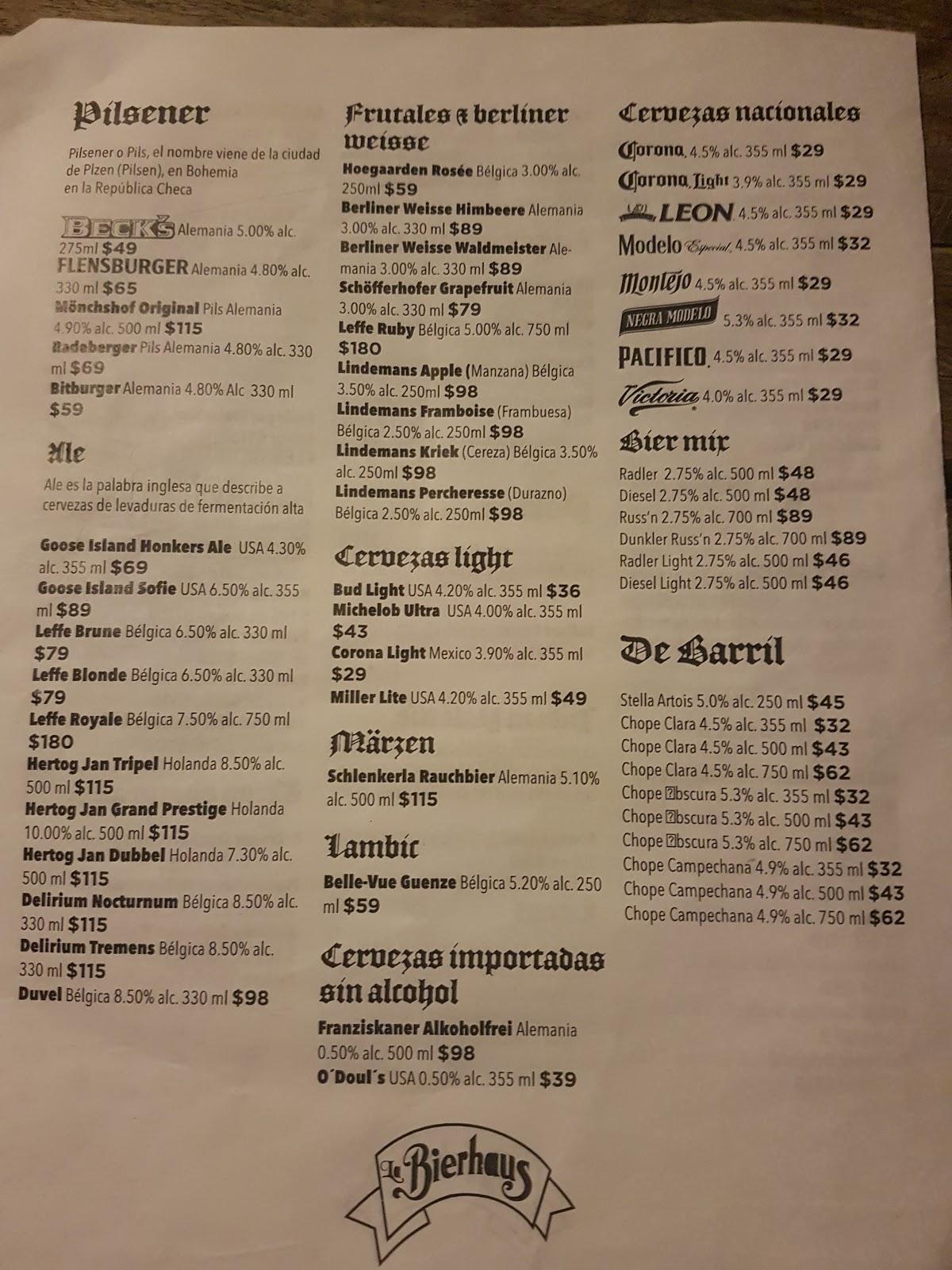 Menu at La Bierhaus pub & bar, Merida, C. 23 93