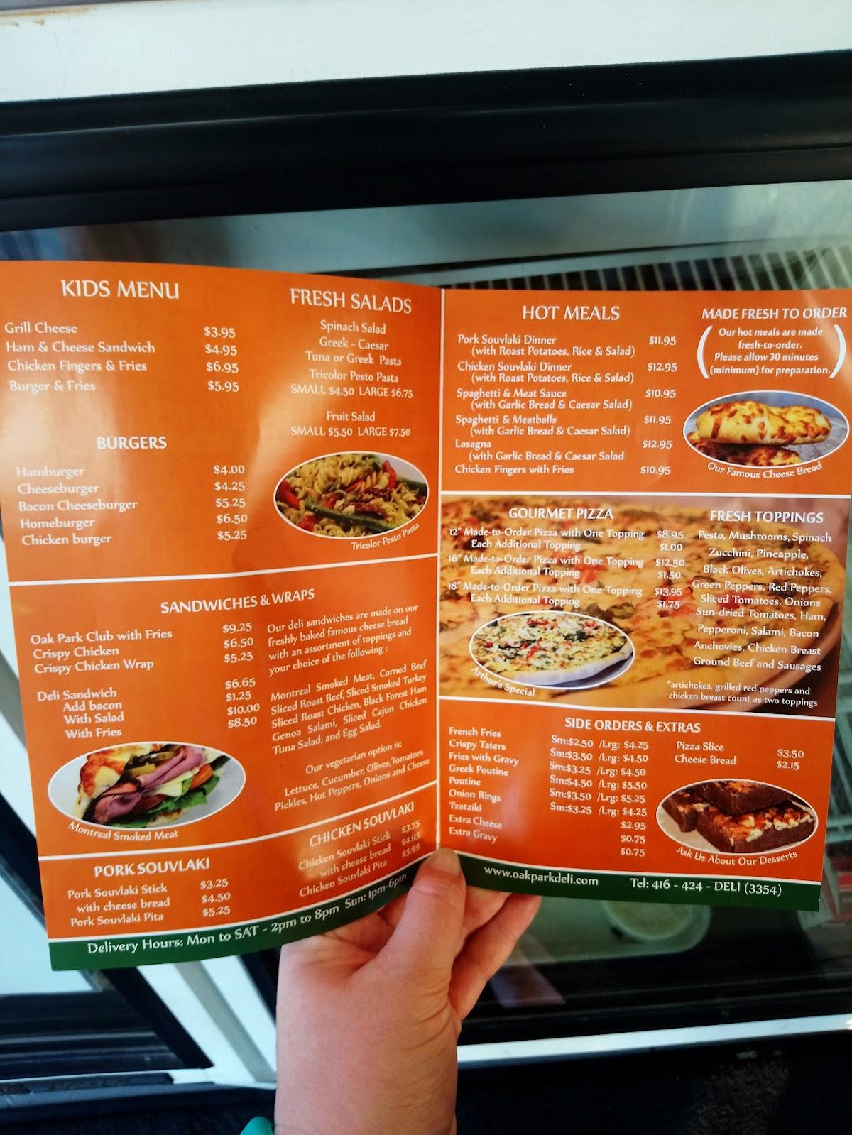 Menu at Oak Park Deli restaurant, Toronto