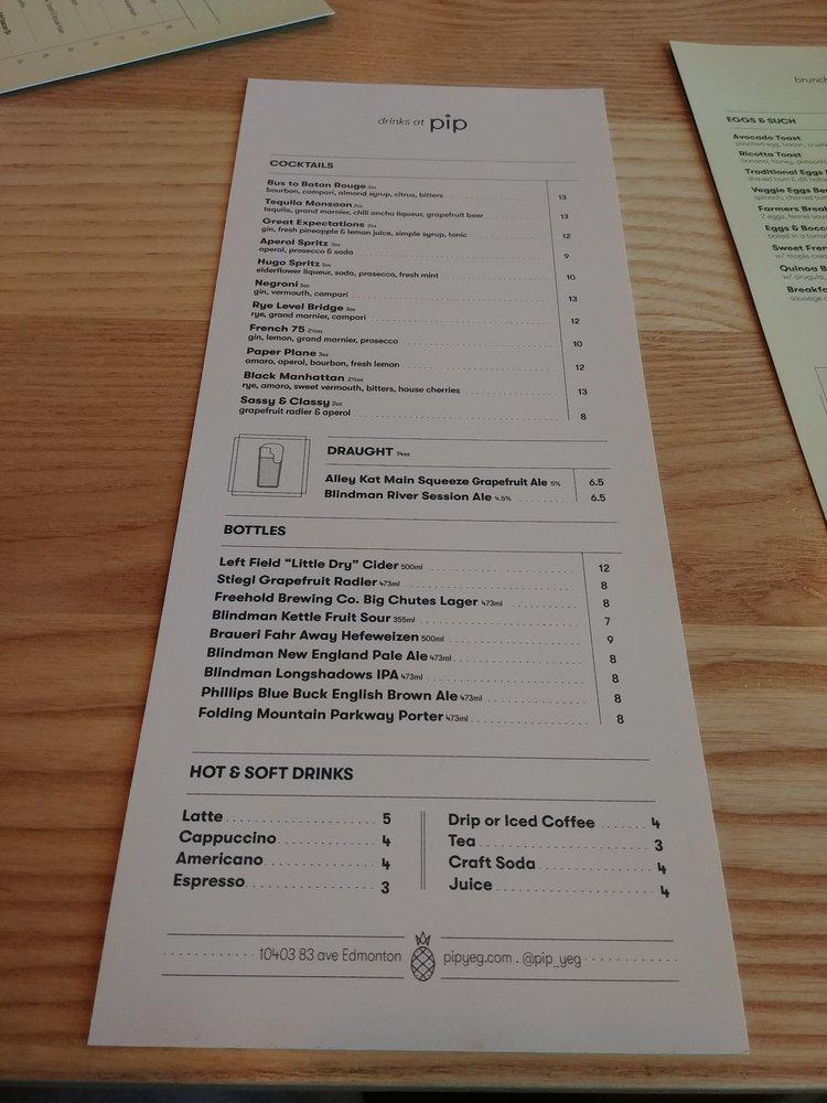 Menu at Pip pub & bar, Edmonton