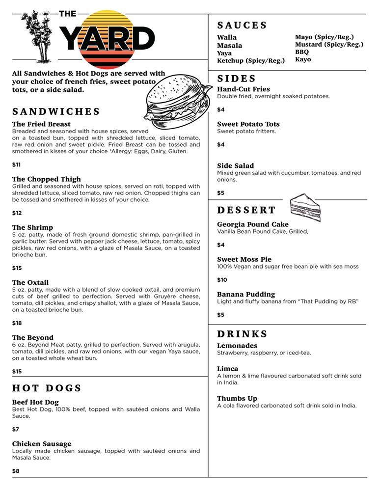 Menu at The Yard restaurant, Newark
